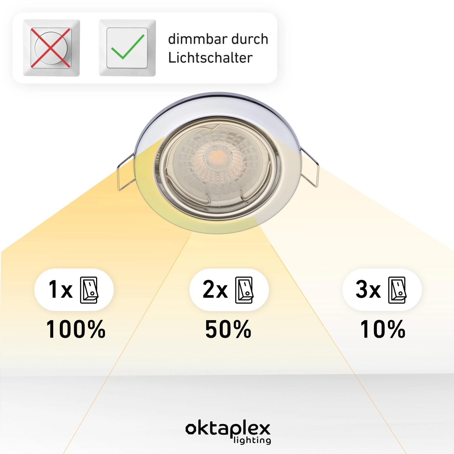 Oktaplex 9er Set Einbauleuchte Dijon 3-Stufen Dimmbar inkl. LED Modul Warmweiß 4,8W Chrom 380lm ...