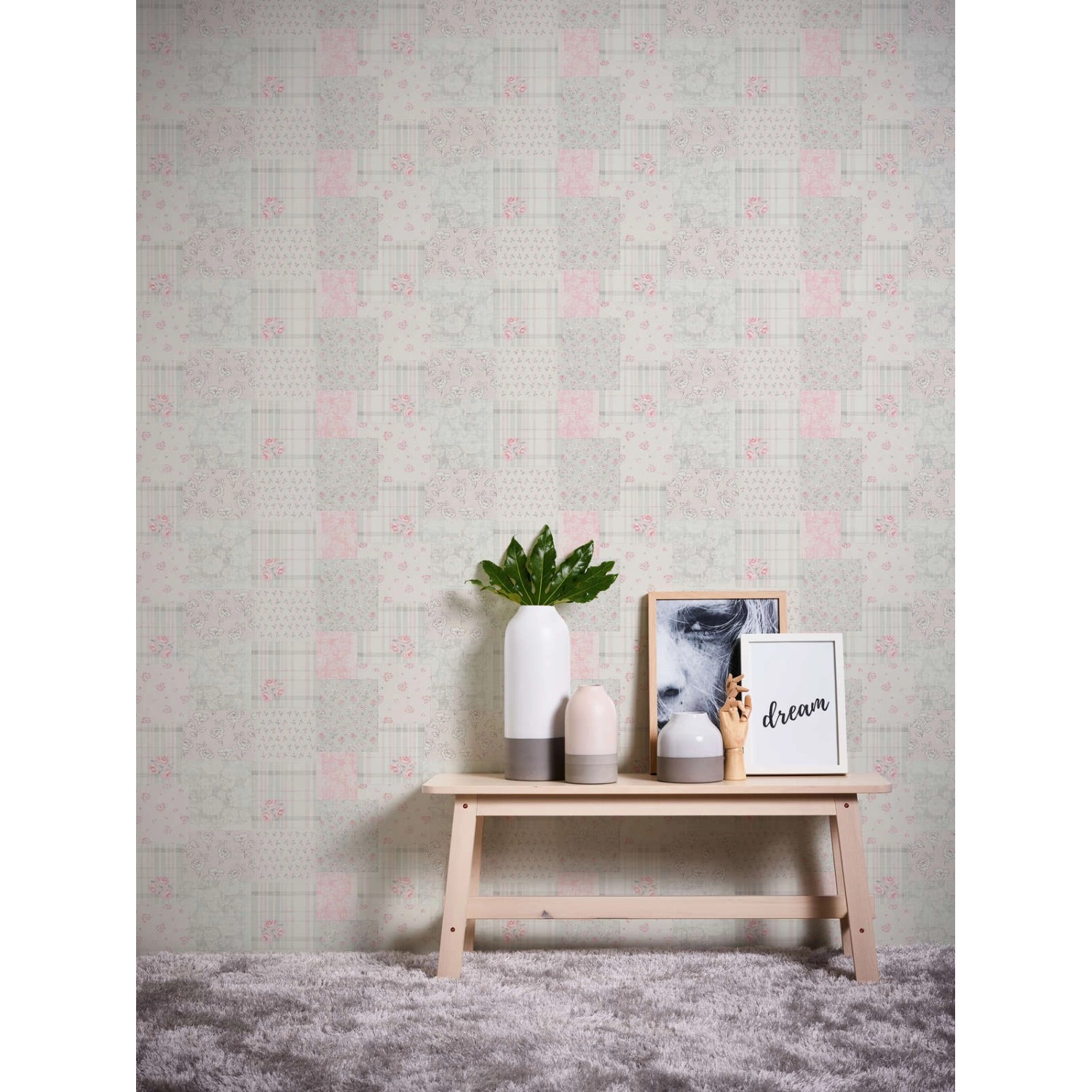 Bricoflor Patchwork Tapete Rosa Weiß Grau Shabby Chic Vlistapete mit ...