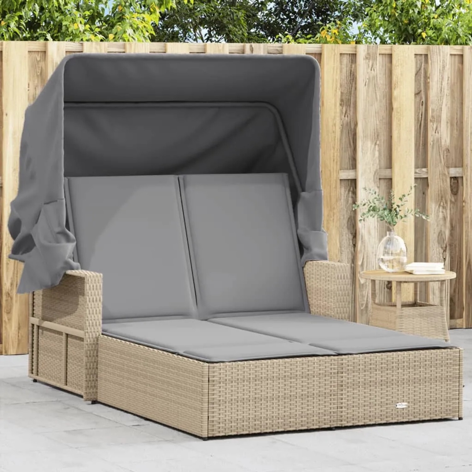 VidaXL Doppel-Sonnenliege mit Dach und Auflagen Beige Poly Rattan 110 x ...