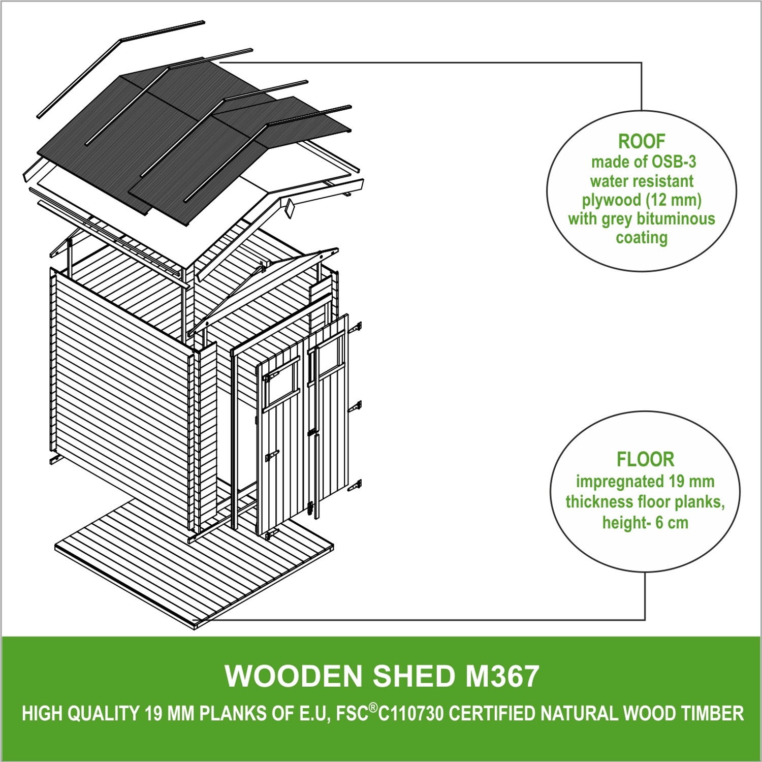 Timbela Gartenhaus Holz M367+M367G 1,98 m² Gartenschuppen mit Boden ...