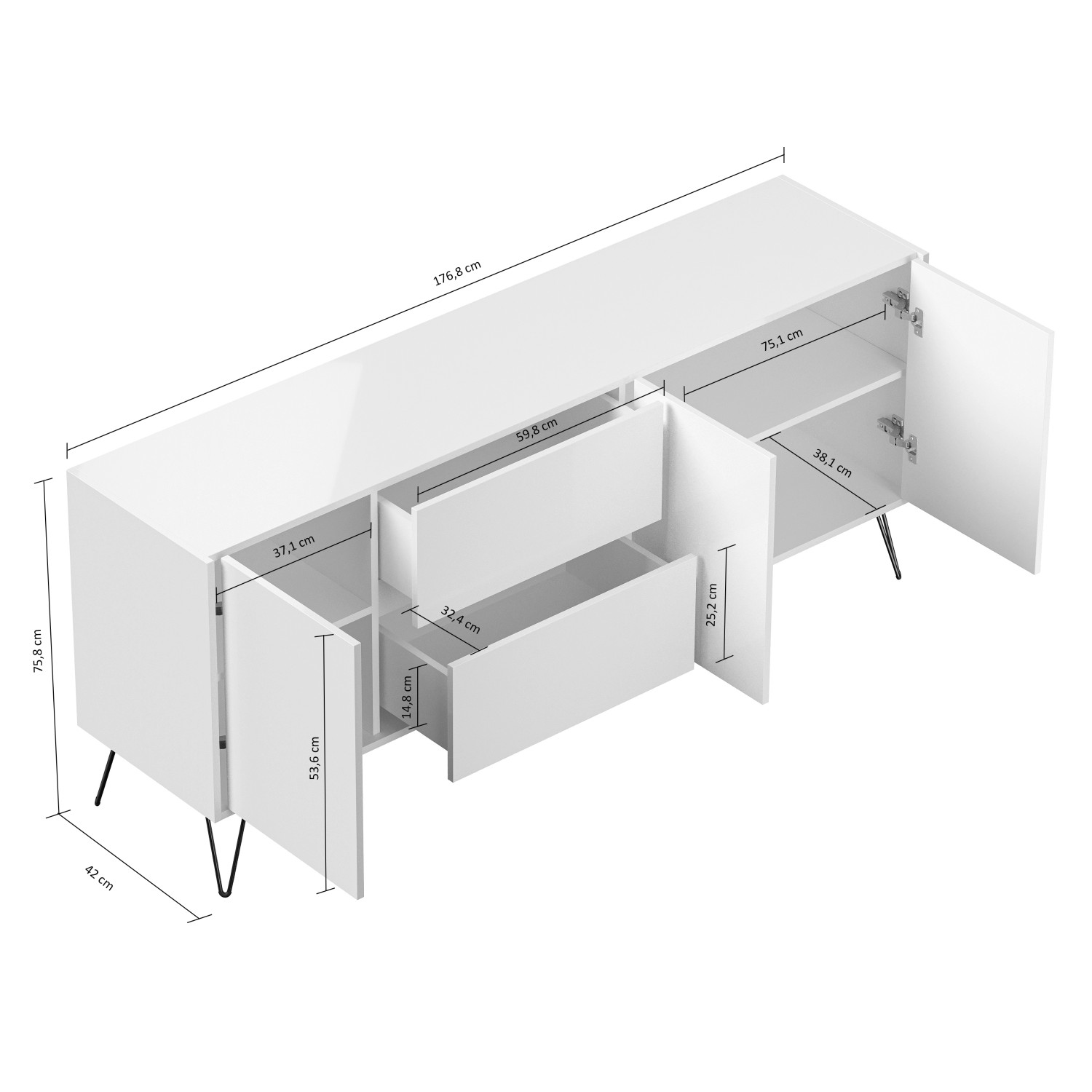 Posseik Sideboard Industrial I 2 Schubladen 3 Türen 180 cm Weiß Eiche ...