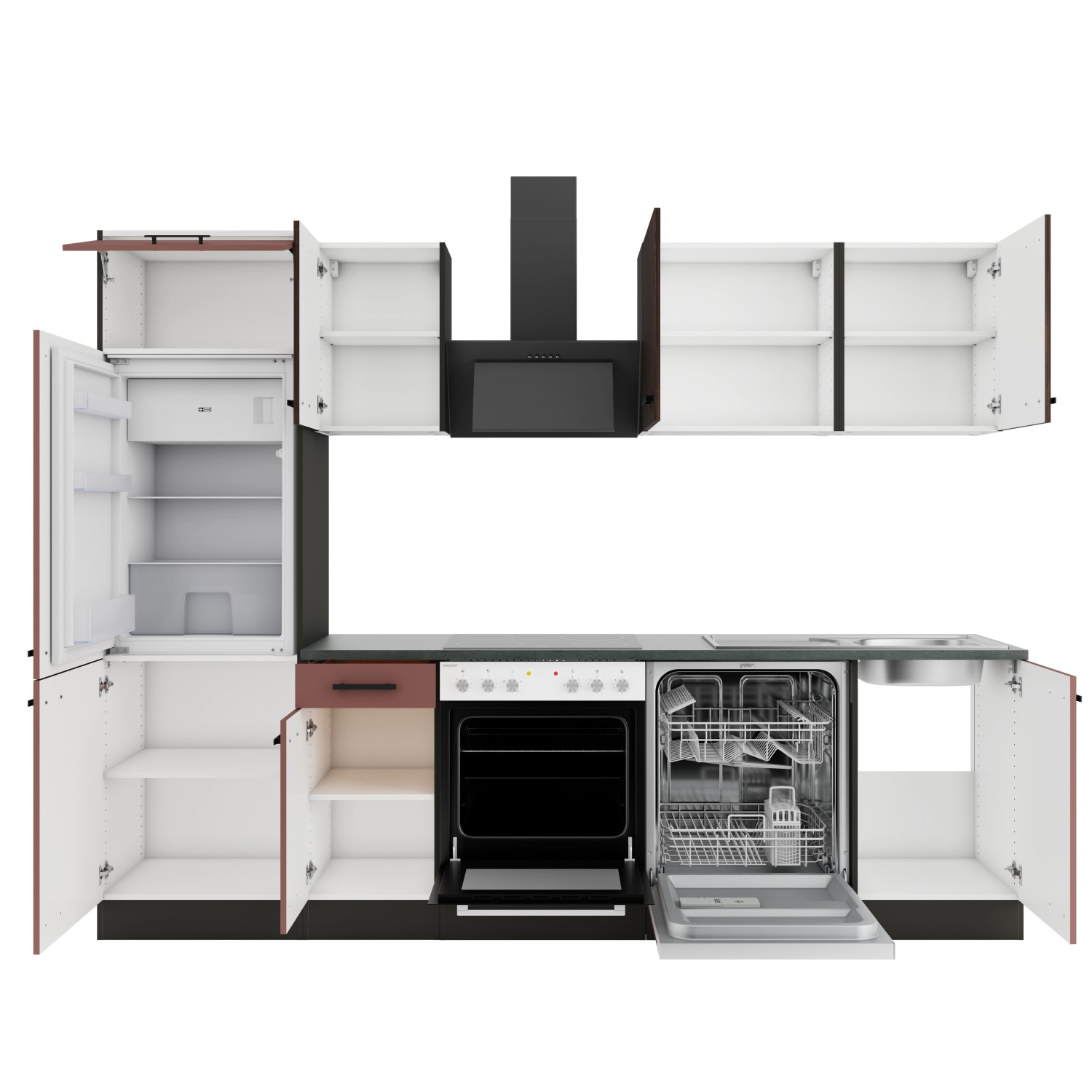 Optifit Küchenzeile KPRN2702OE-9+ Rim/Nizz o. E-Ger. Rillen Nussb ...