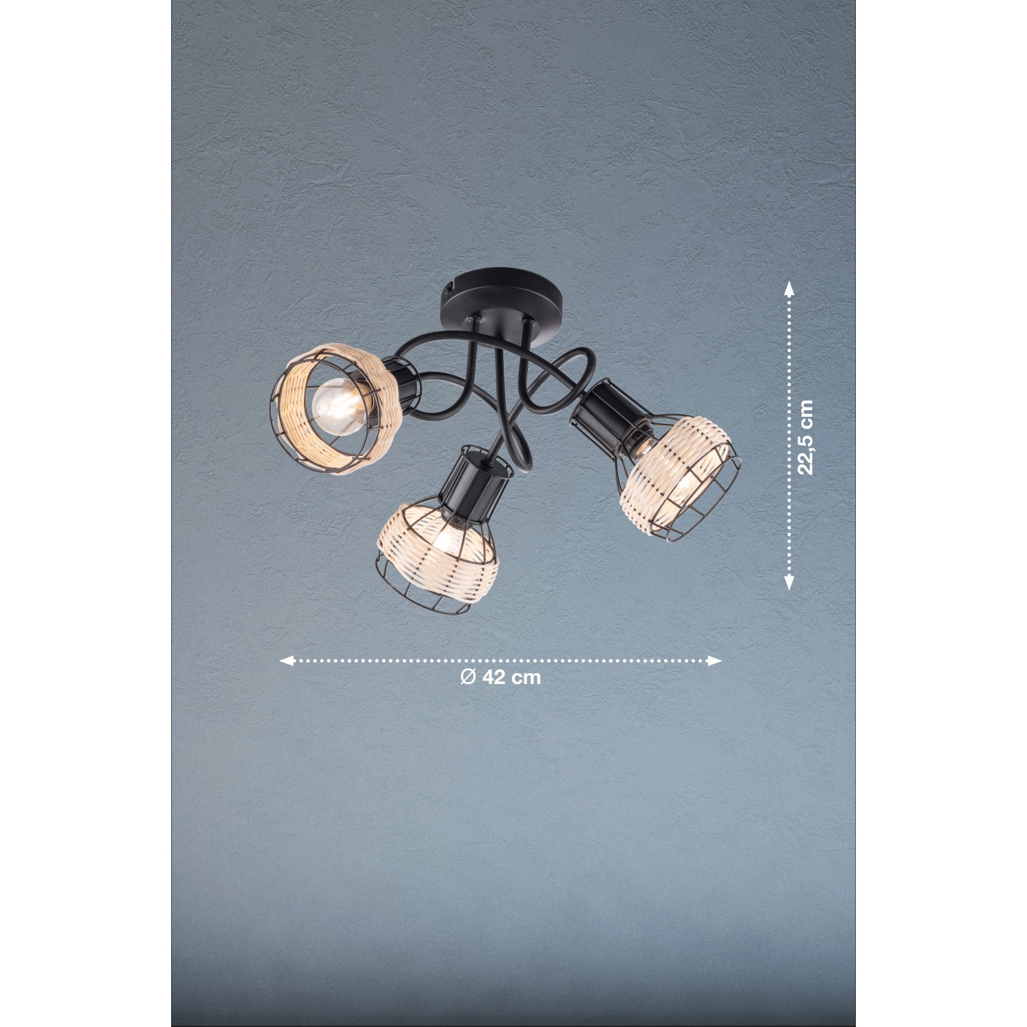 Fischer & Honsel Deckenleuchte Straw 3-flammig Schwarz/Rattan Ø 42 cm ...