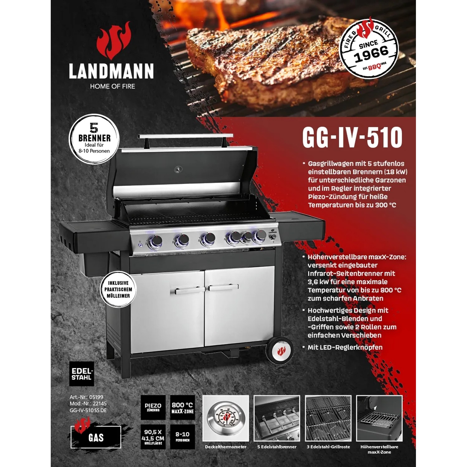 Landmann Gasgrillwagen GG-IV-510SSDE Schwarz-Edelstahl kaufen bei OBI