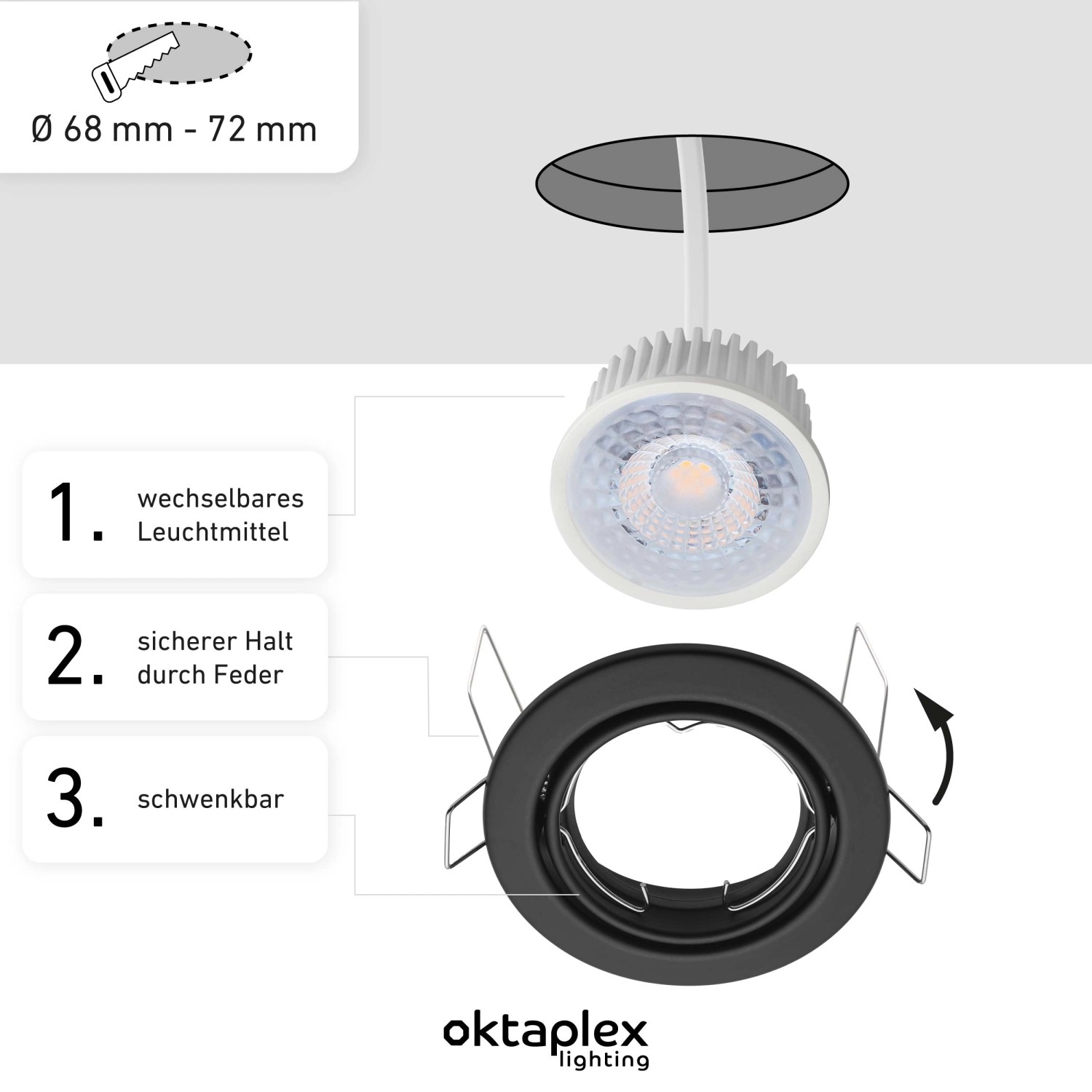 Oktaplex 3er Set Deckeneinbaustrahler Dijon 3-Stufen Dimmbar inkl. LED Modul Warmweiß 4,8W ...