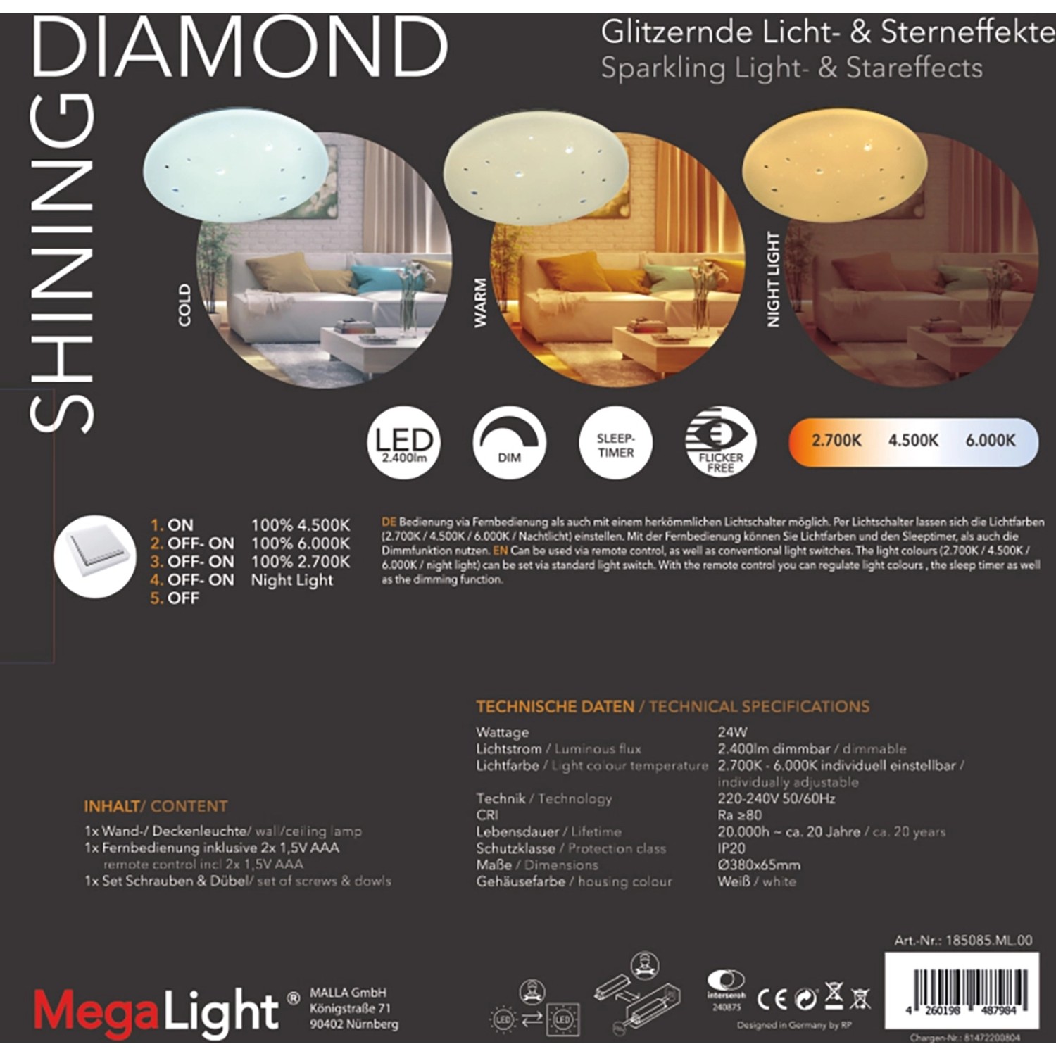 MegaLight LED-Deckenleuchte Shining Diamond 24 W mit Lichtfarbenwechsel ...