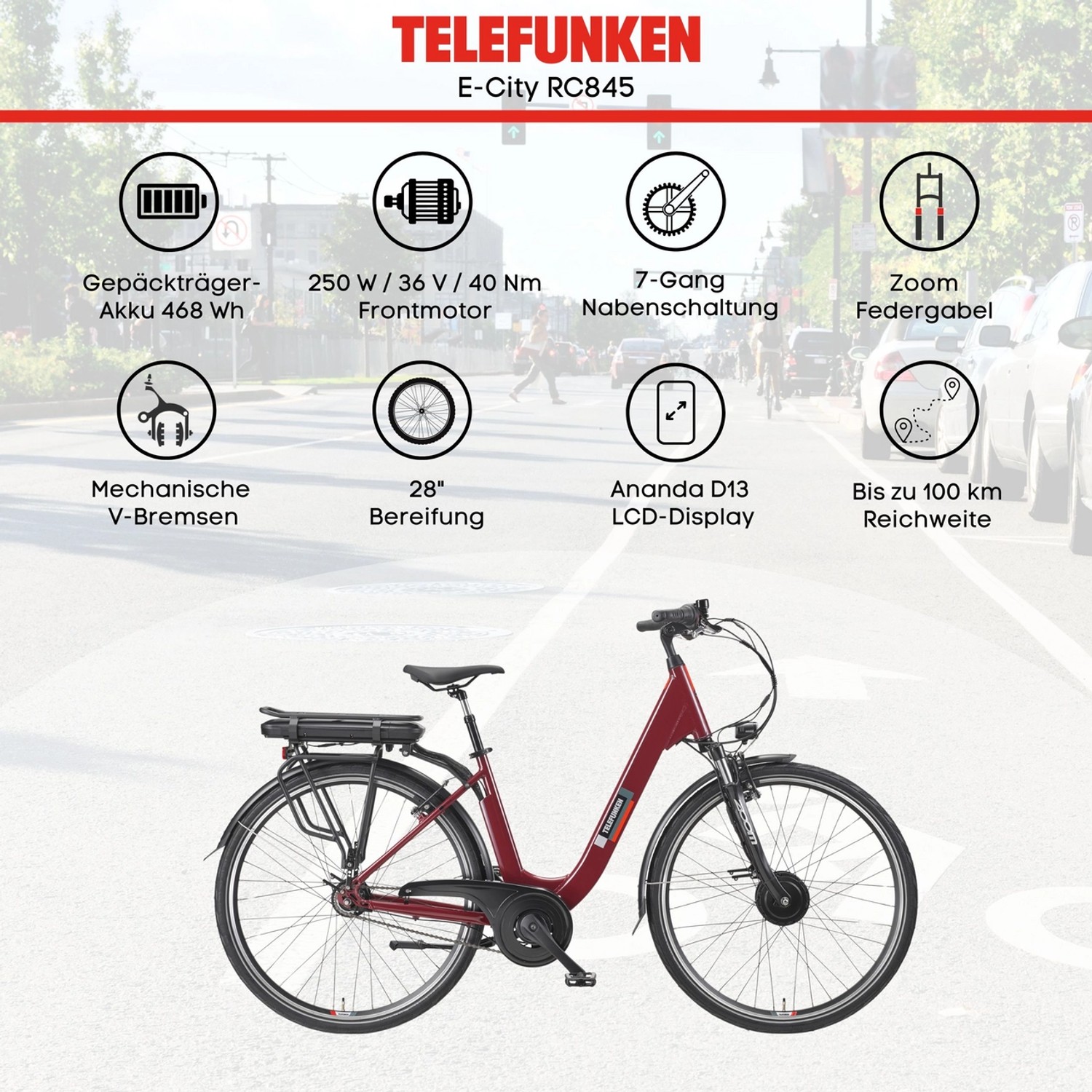 Telefunken City E-Bike 28 Zoll Frontmotor 7-Gang Nabenschaltung 468Wh ...