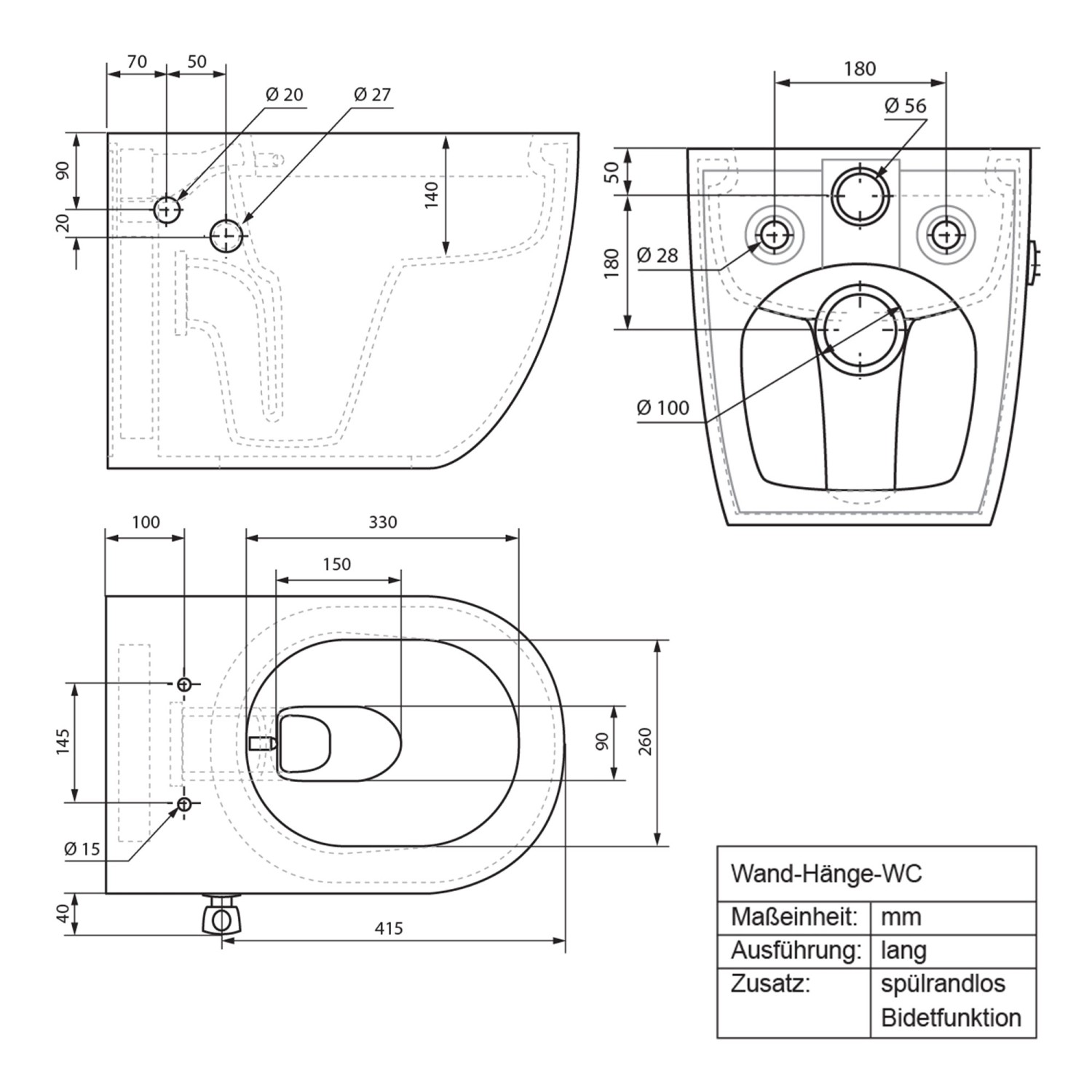 ECD Germany Spülrandloses Hänge Dusch WC Lang Keramik mit Bidet ...