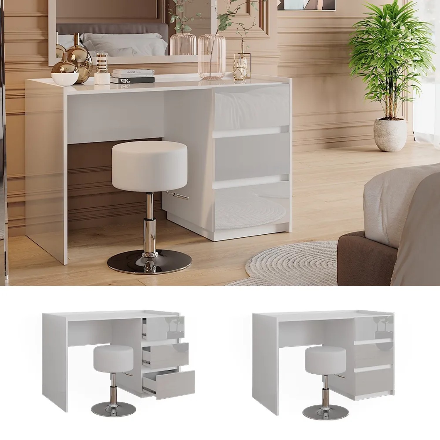 Vicco Schminktisch Marla Weiß Hochglanz 120 cm mit Hocker