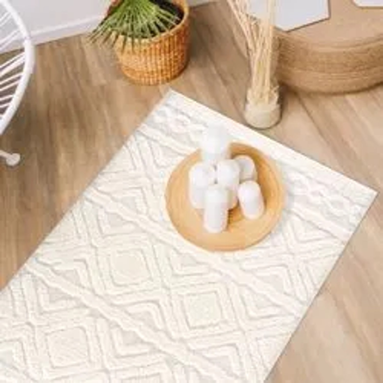 payé Teppich Nara-3382 Hochflor 80x150 cm Pastell-Creme Boho-Rautenmuster