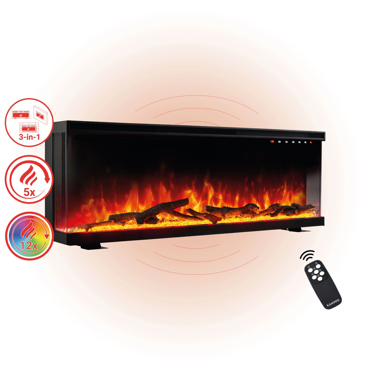 Kaminio Elektrokamin LEA 3in1 Kamin Panorama Heizung 3D-Effekt 12 ...