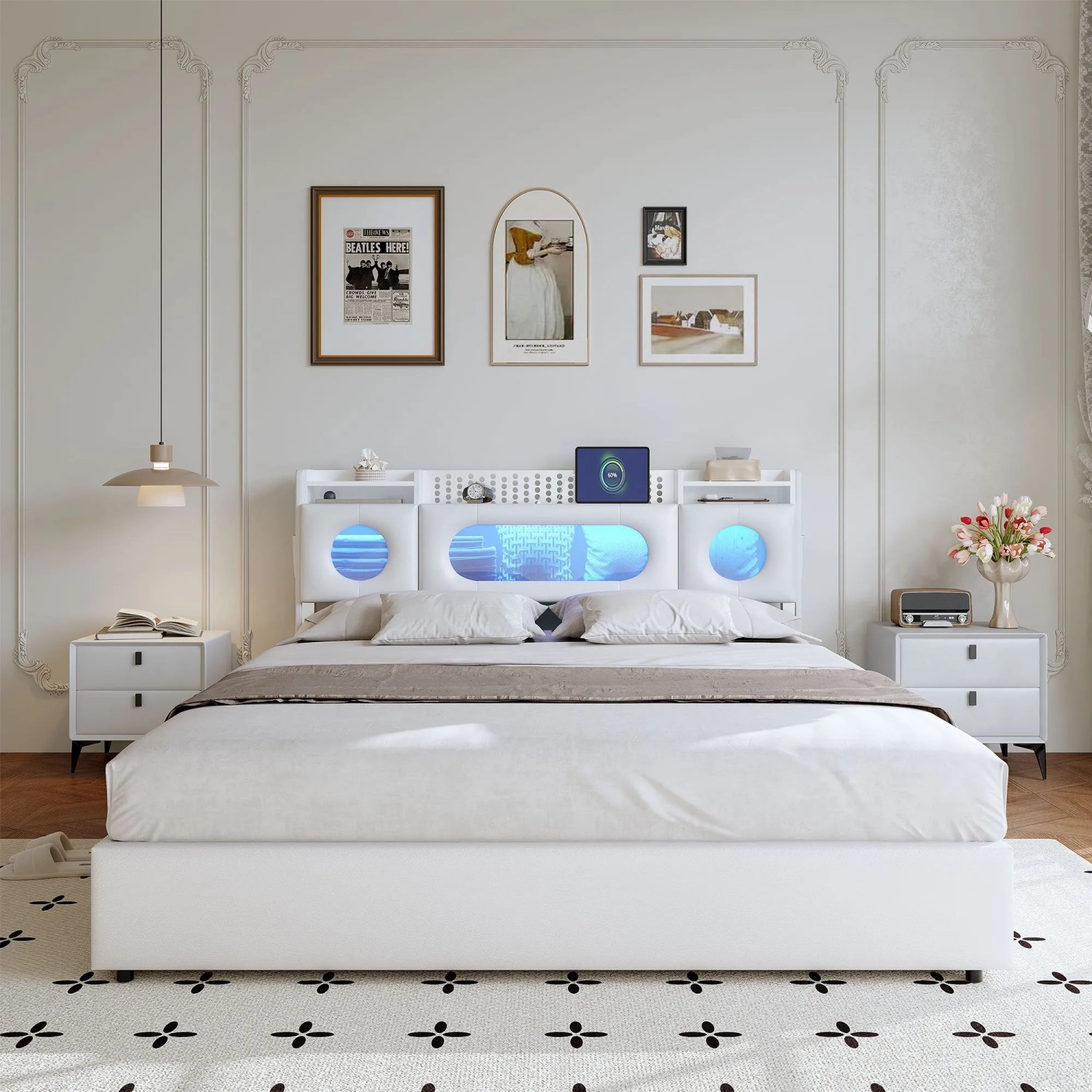 PXloue Polsterbett mit Kopfteil Stauraum und Tür sowie USB-Ladefunktion ...