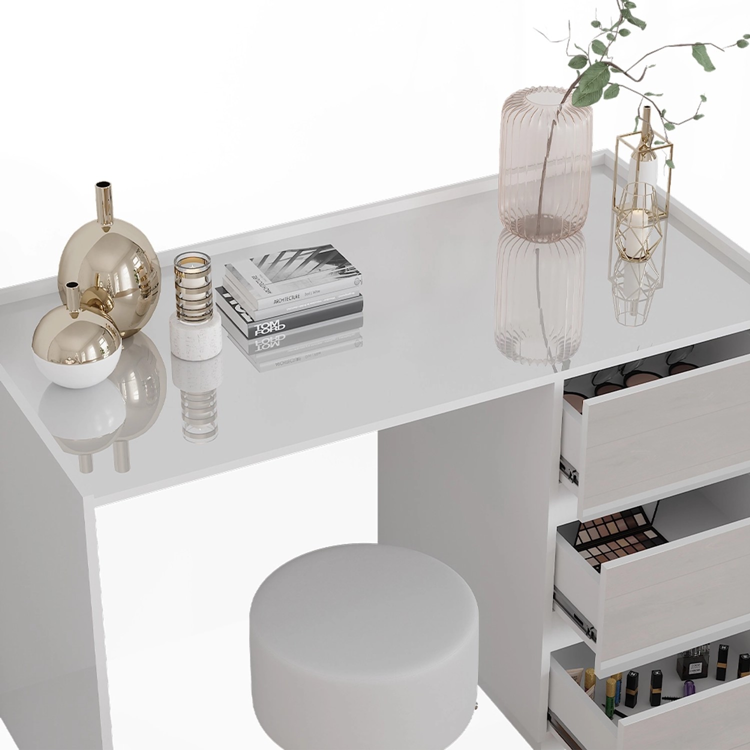 Vicco Schminktisch Marla Weiß Hochglanz 120 cm mit Hocker