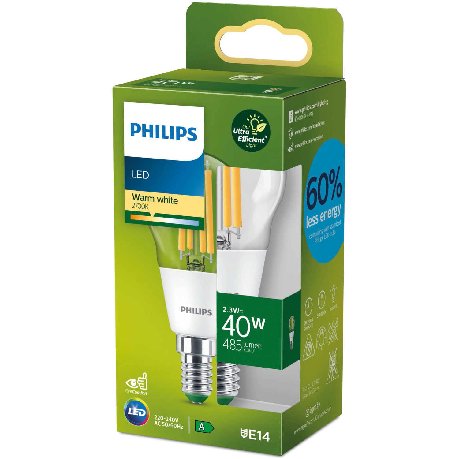 Philips LED-Leuchtmittel ultraeffizient E14 Tropfenform 2,3 W 485lm ...