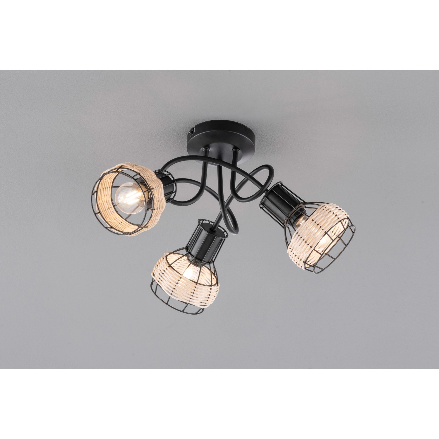 Fischer & Honsel Deckenleuchte Straw 3-flammig Schwarz/Rattan Ø 42 cm ...