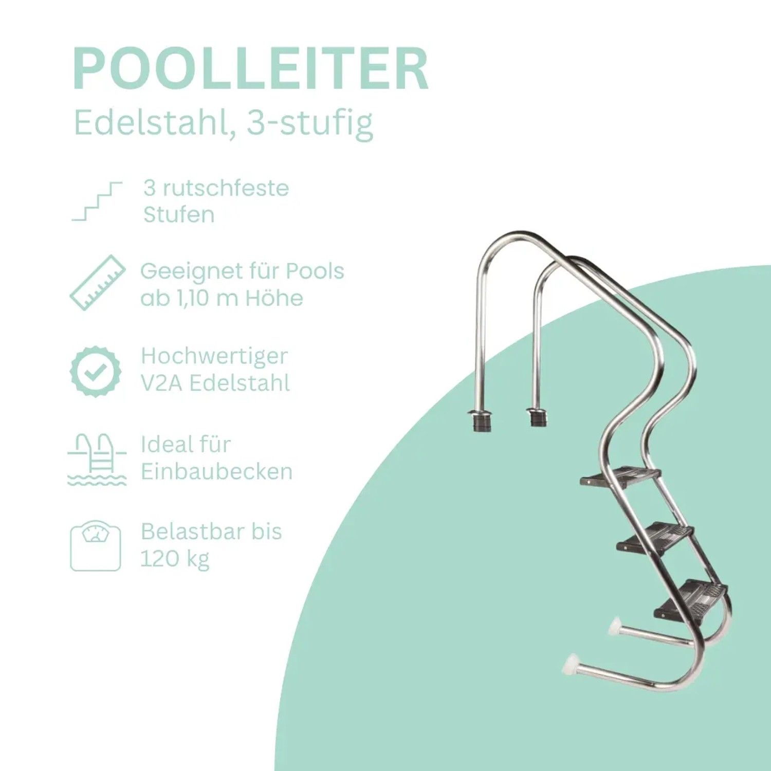 Poolomio Poolleiter Edelstahl Comfort 3-stufig für Pools ab 1,20 m ...