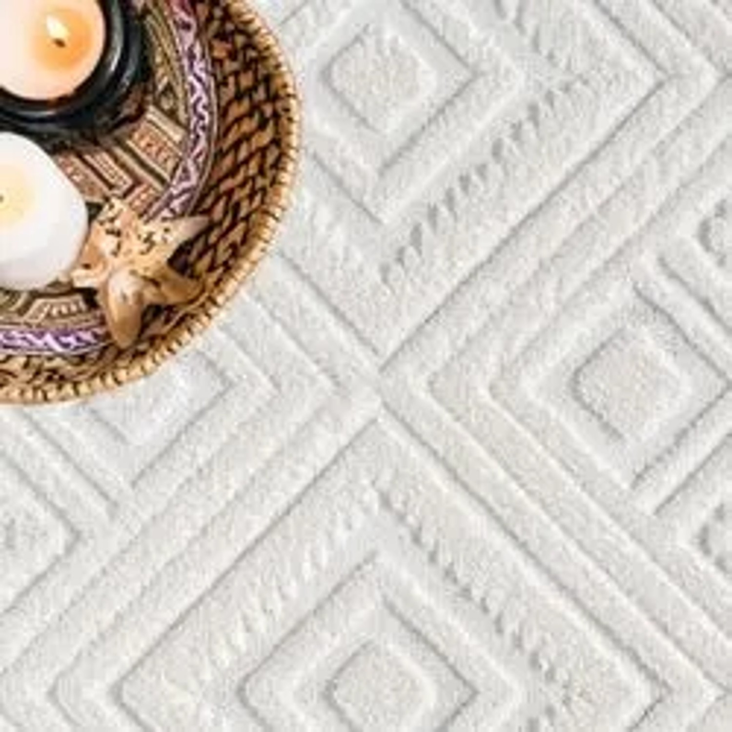 payé Teppich Nara-777 Hochflor 200x290 cm Pastell-Creme Rautenmuster