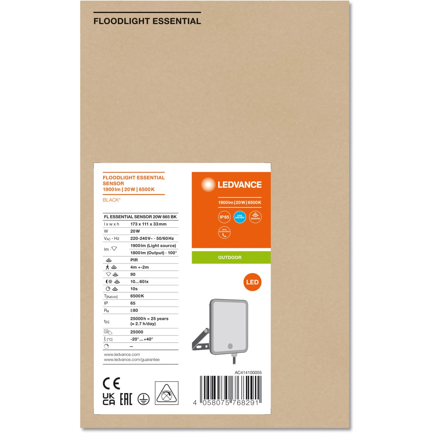 Ledvance Außenstrahler Floodlight Essential Sensor 20 W Schwarz 17,3 x ...