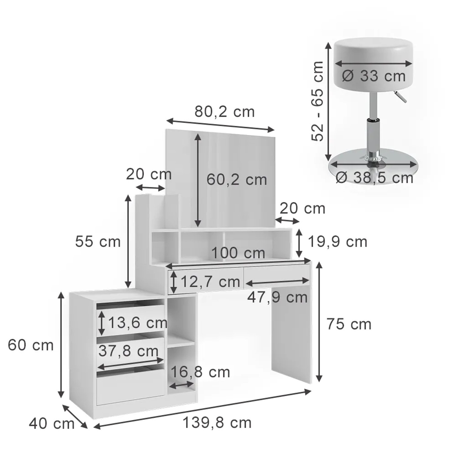 Vicco Schminktisch Anja Weiß 140 cm mit Hocker