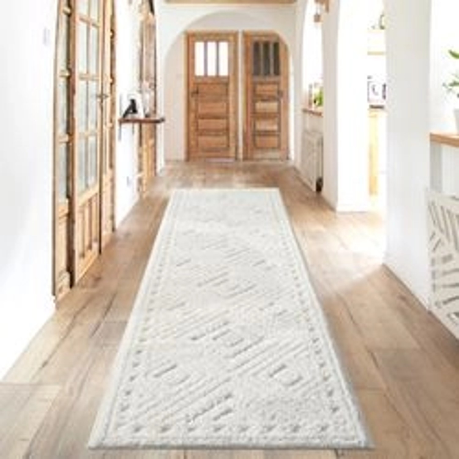 payé Teppich Nara-777 Hochflor 80x300 cm Pastell-Creme Rautenmuster