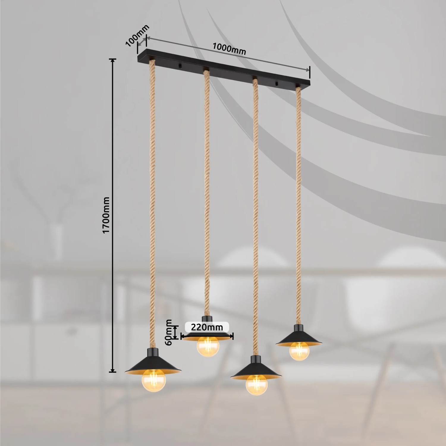 Globo Pendelleuchte Diana 4-flammig Schwarz matt 1125 x 220 x 1700 mm ...