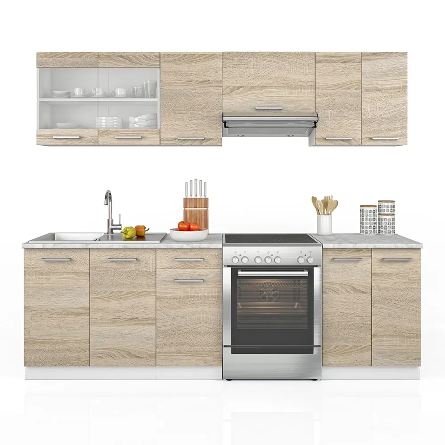 Vicco Raul Küchenzeile Sonoma 240 cm AP Marmor mit LED-LeistenRaul