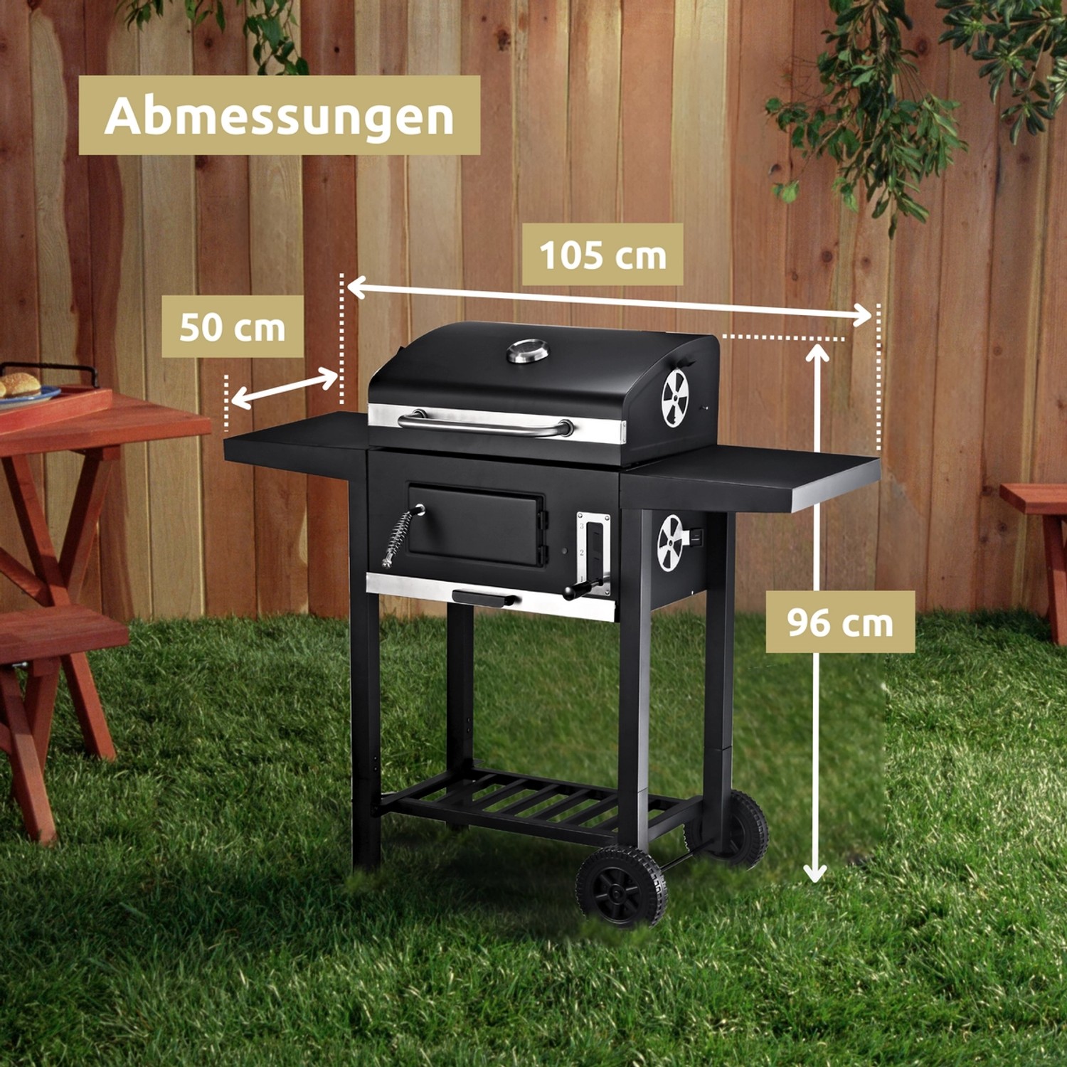deluxe4home Holzkohlegrill mit Deckel Grillwagen 2 Ablagen Thermometer ...