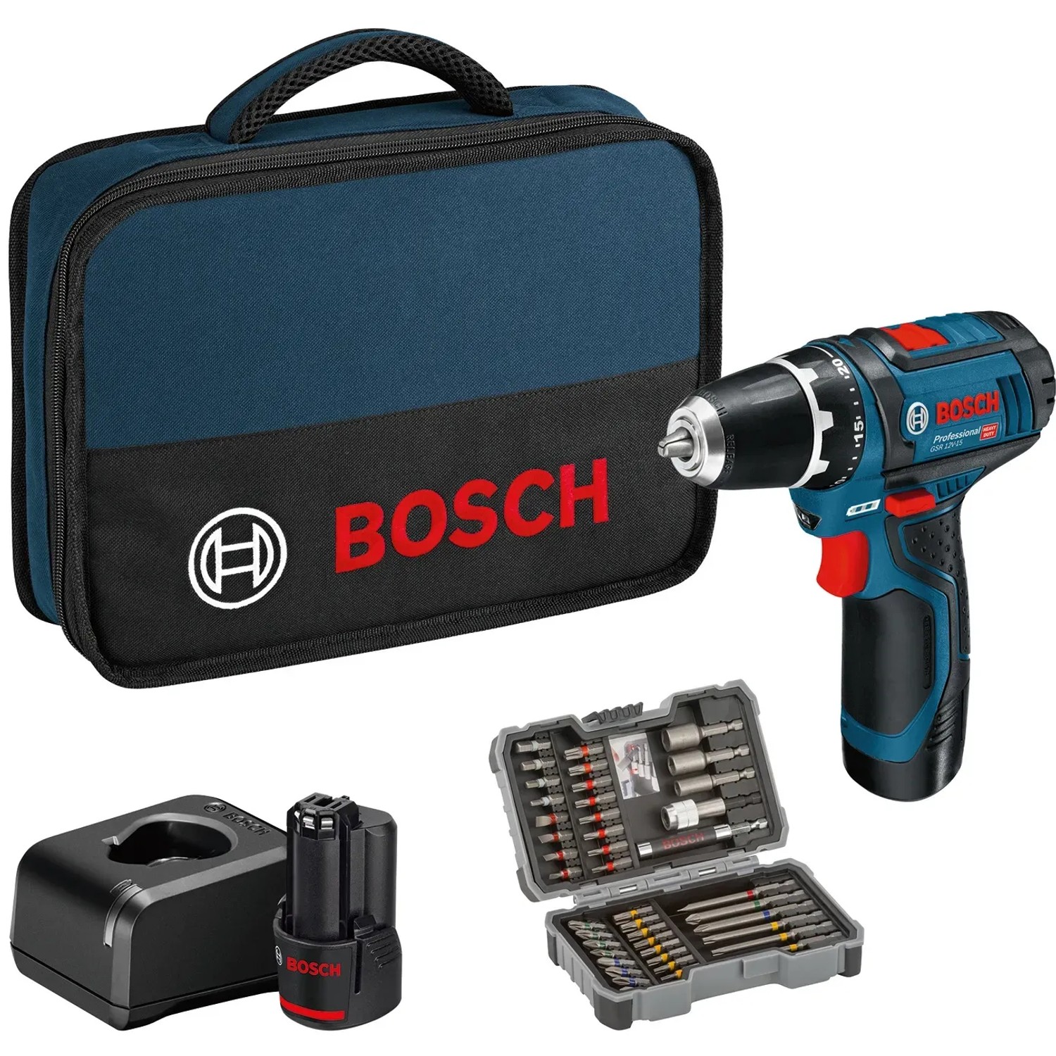 Bosch Professional Akku-Bohrschrauber GSR 12V-15 m. Akkus & 43 AC-Set ...