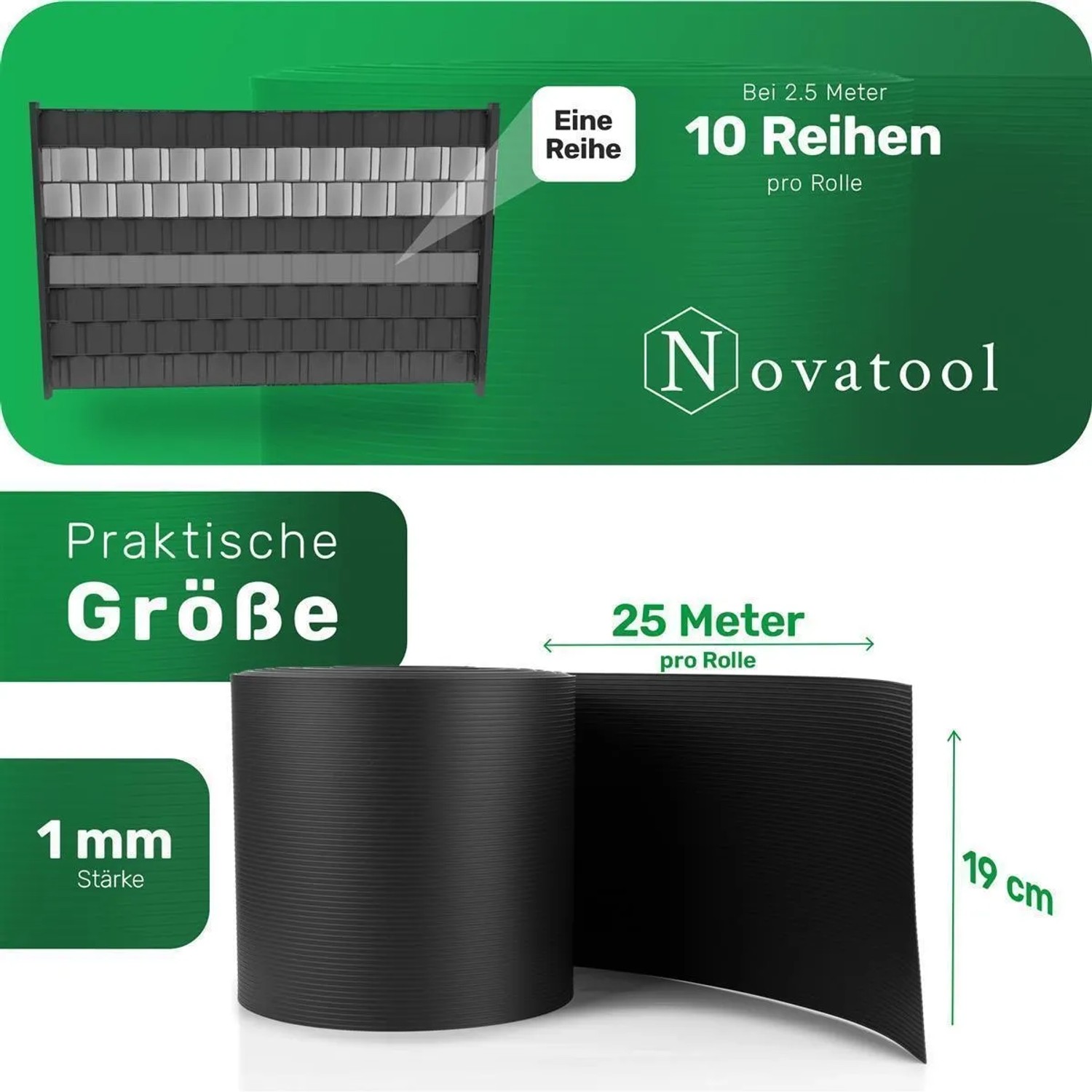 Novatool PP 25m Rolle Sichtschutzstreifen für Doppelstabmattenzaun Anthrazit Grau mit Rillen für ...