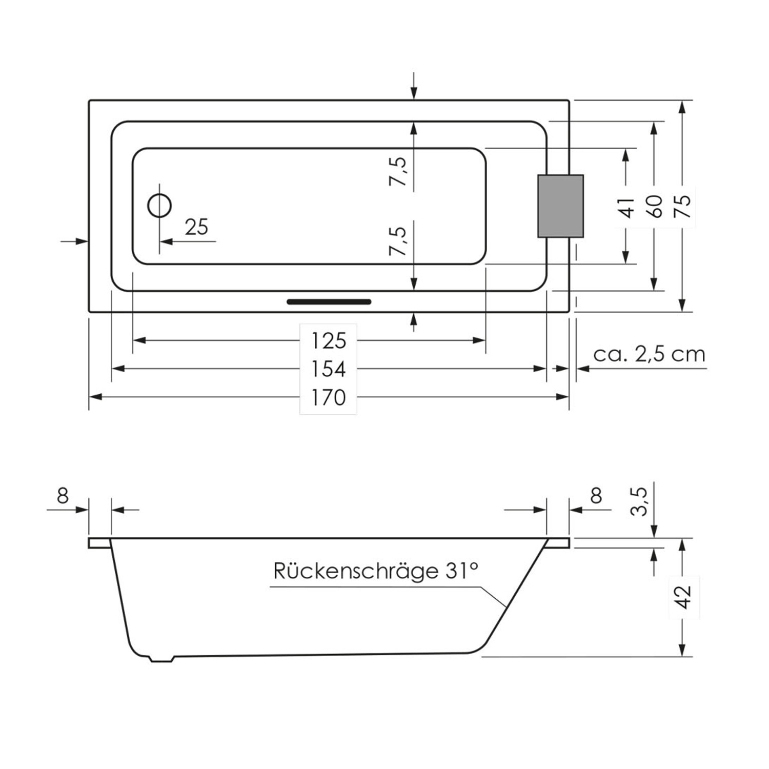 Steinkamp Badewanne 170 x 75 cm Life Weiß kaufen bei OBI