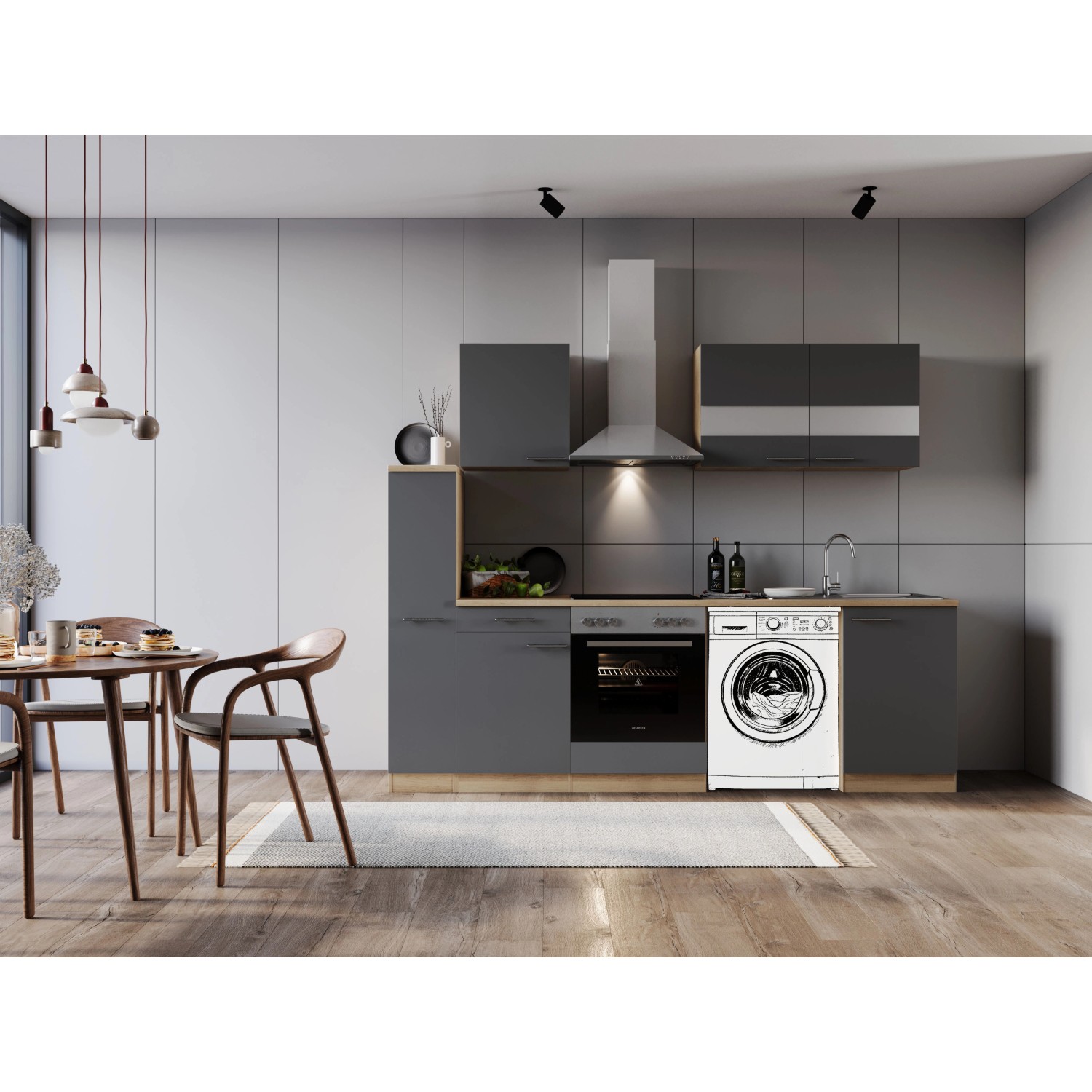 Respekta Küchenblock Merle 250 cm Eiche Grau mit Waschmaschinen-Nische ...