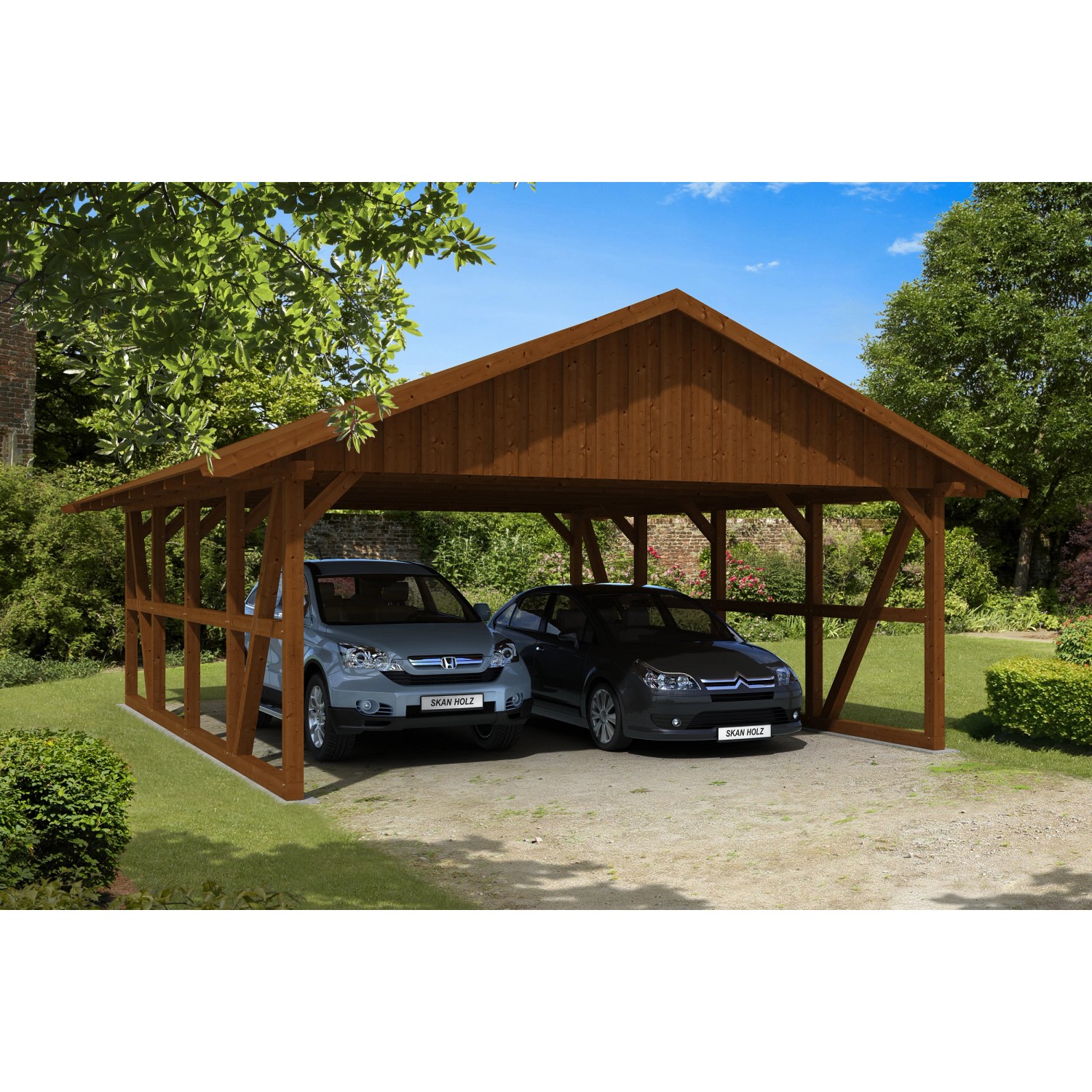 Skan Holz Carport Schwarzwald mit Dachschalung 684 x 772 cm Nuss kaufen ...