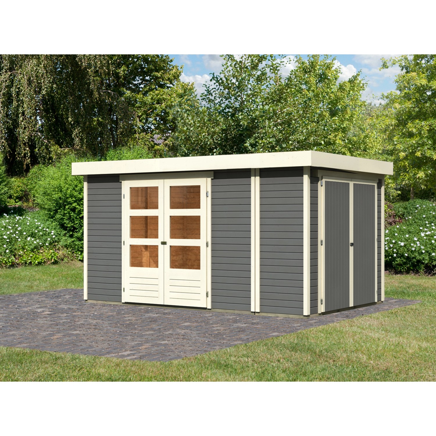 Karibu Gartenhaus Set Retola 6 Terragrau mit Anbauschrank 9,03 m² kaufen bei OBI