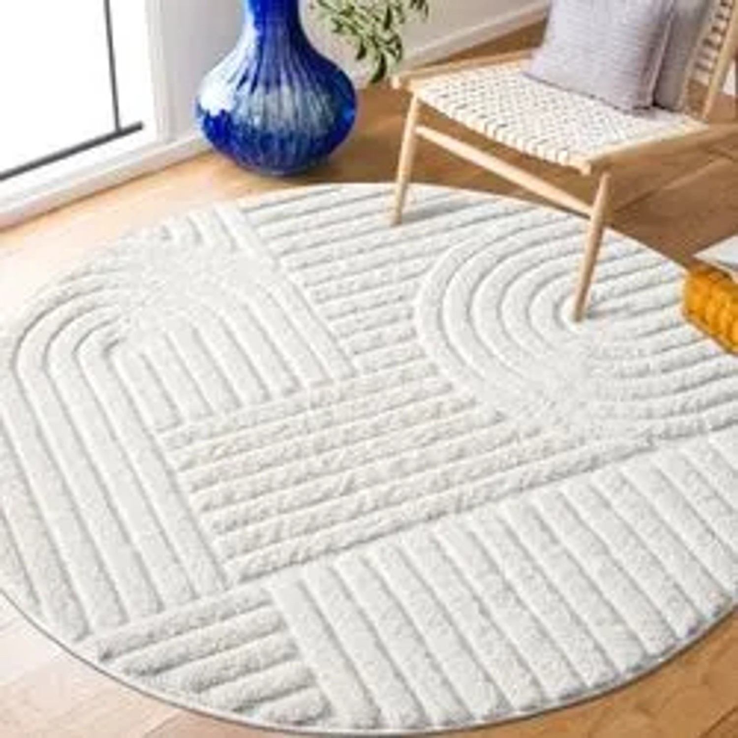 payé Teppich Nara-765 Hochflor 120x120 cm Rund Pastell-Creme Rautenmuster