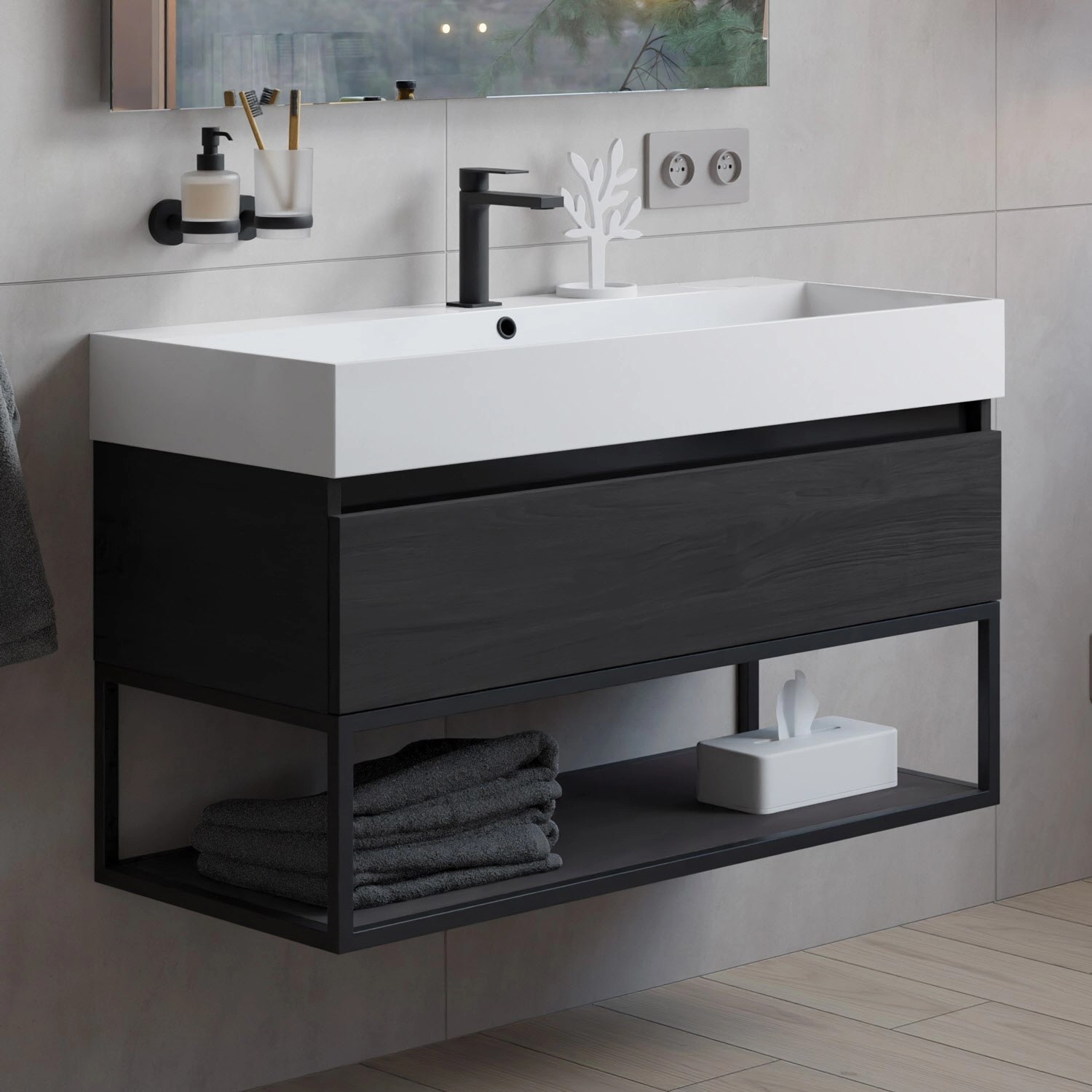 pianura Waschtisch mit Unterschrank Giulia Dark Wood 100 cm mit 1 ...