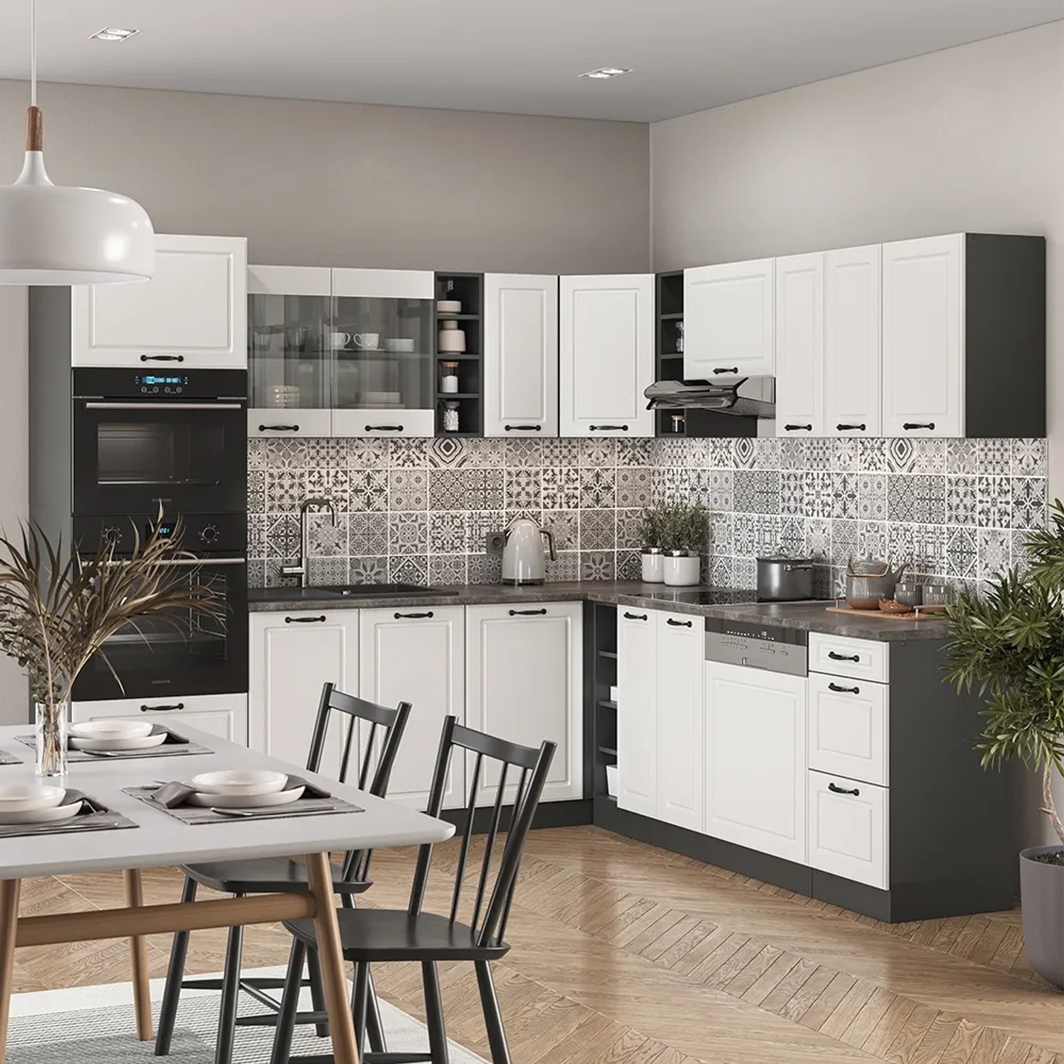 Vicco R-Line Eckküche Weiß Landhaus/Anthrazit 237 x 247 cm AP Anthrazit ...