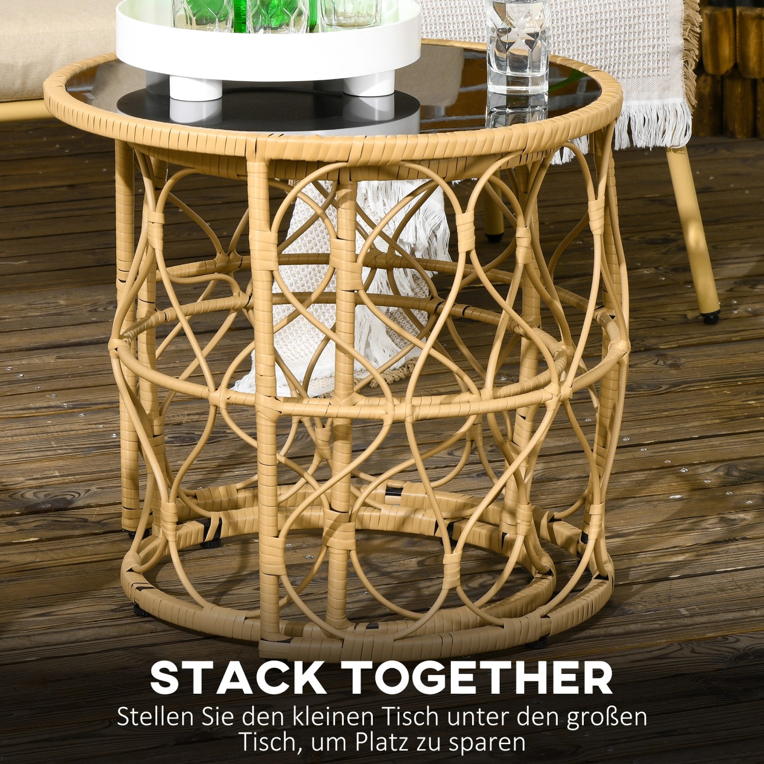 Outsunny Rattan Beistelltisch 2er Set mit Glasplatte Stapelbar