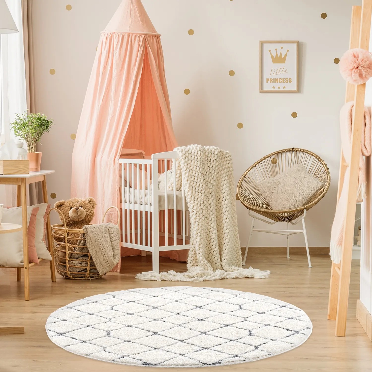 payé Teppich Nara-4499 Hochflor 120x120 cm Rund Pastell-Creme Rautenmuster