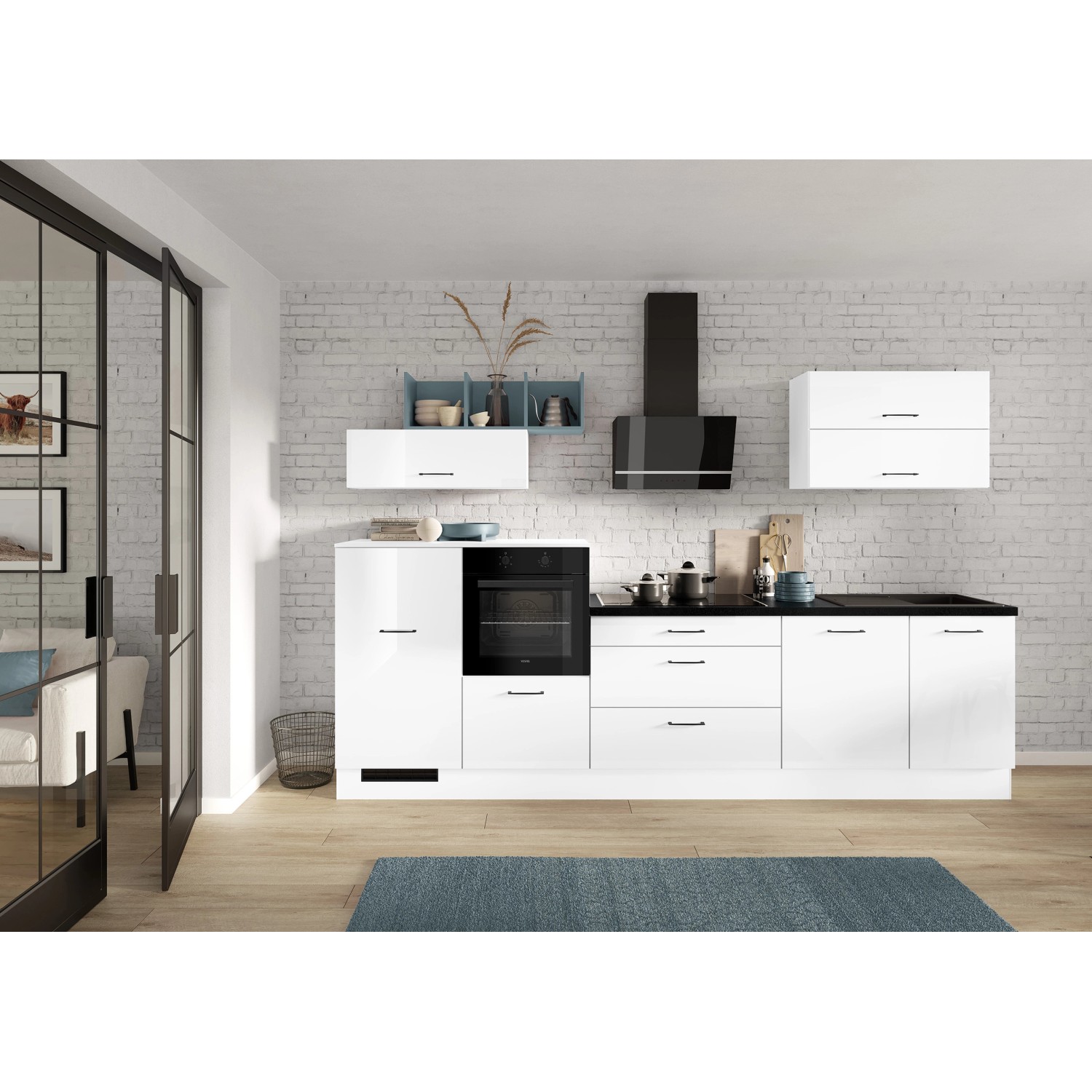 Impuls Küchen Küchenzeile IKZ1320AL 320 cm Weiß Hochglanz mit E-Geräten ...